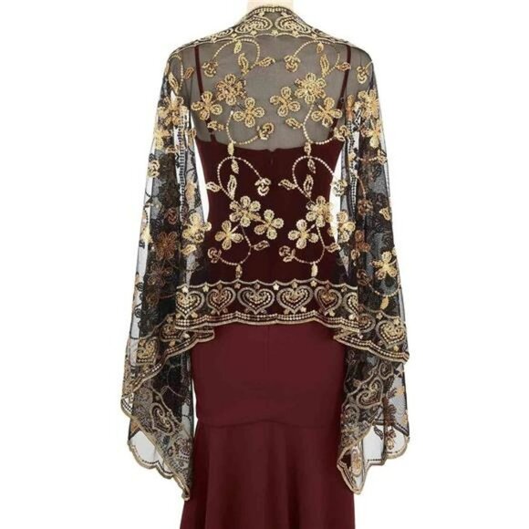 Accessories | Vintage Black Gold Sequin Lace Bridal Wraps Shawls Scarf ...
